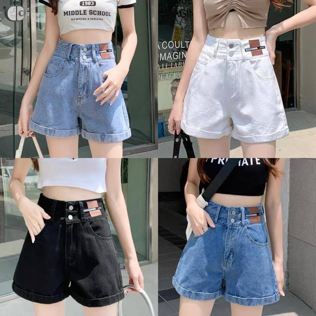 Three-color double-button high-waisted denim shorts, slim and loose ...