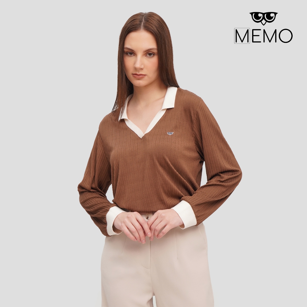 Memo Long Sleeve Polo For Women (Autumn Brown/Midnight Navy) | Shopee ...