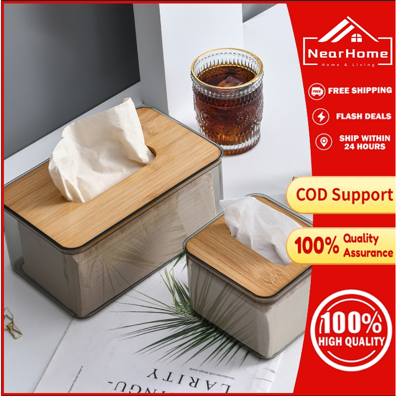 Tissue Box Transparent Bamboo Paper Towel Box Paper Roll Box Desktop ...