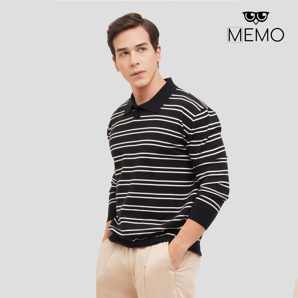 Memo Striped Long Sleeve Flat Knit Polo For Men (Black) | Shopee ...