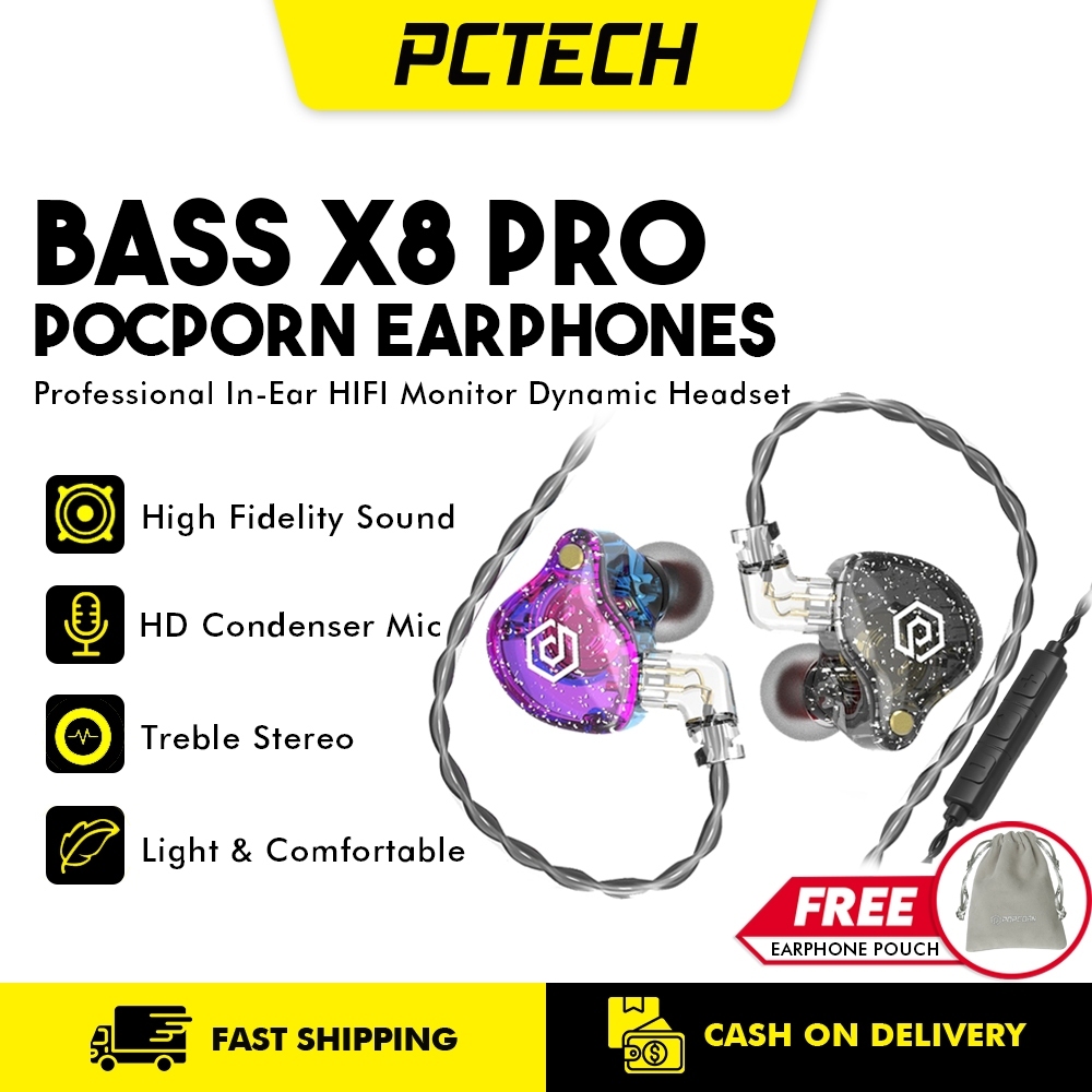 Popcorn Bass X8 X9 Pro Dynamic Earphones HIFI Bass Earbuds In-Ear Wired ...