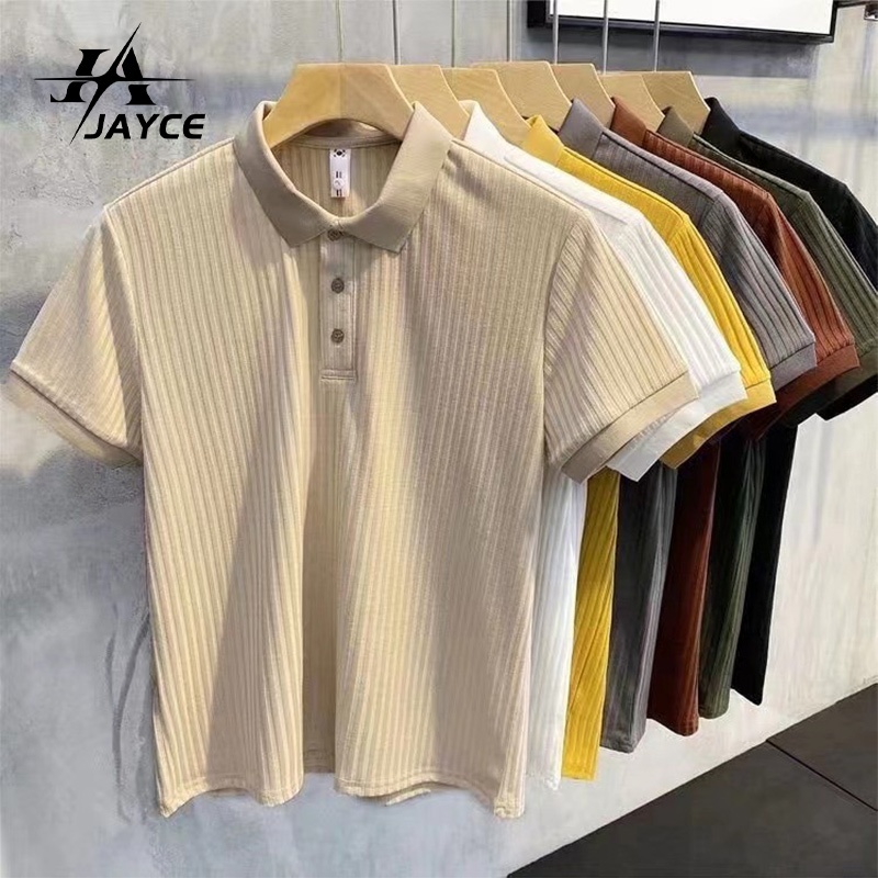 Korean Striped Texture Short Sleeve Polo Shirt For Men | Shopee Philippines
