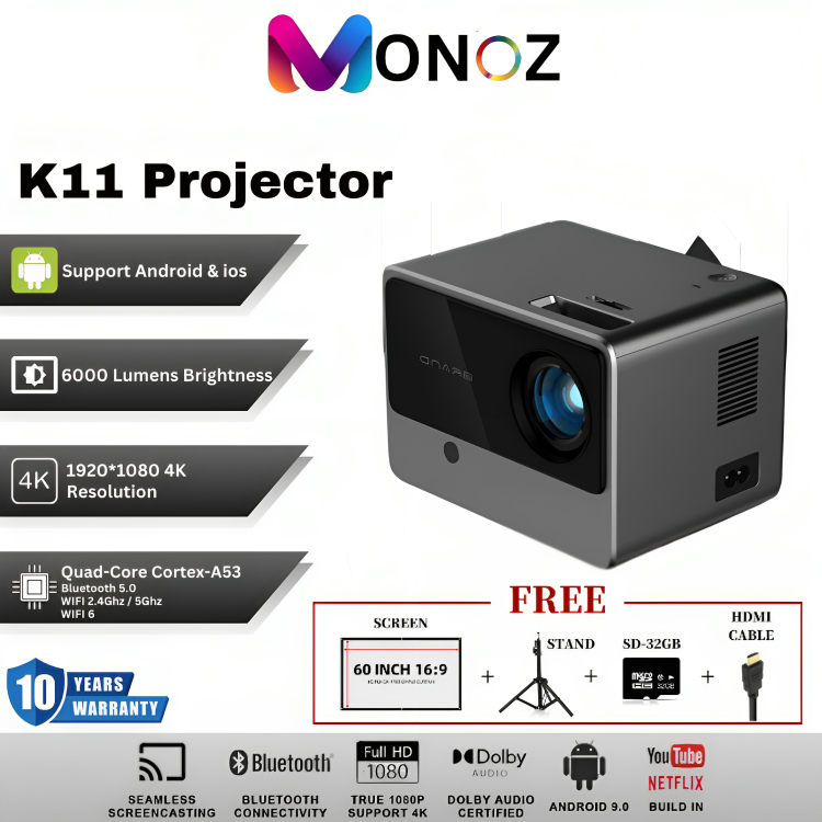 MONOZ Projector K11 PRO Smart 4K UHD LED Projector OS Android WiFi ...