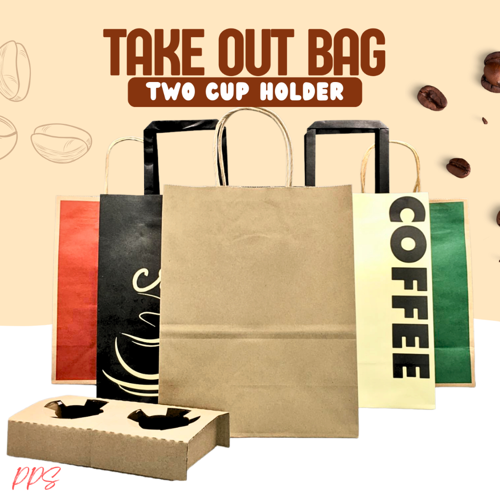 Take Out Paper Bag for Coffee Drinks with 2 Cups Holder 15pcs Set ...