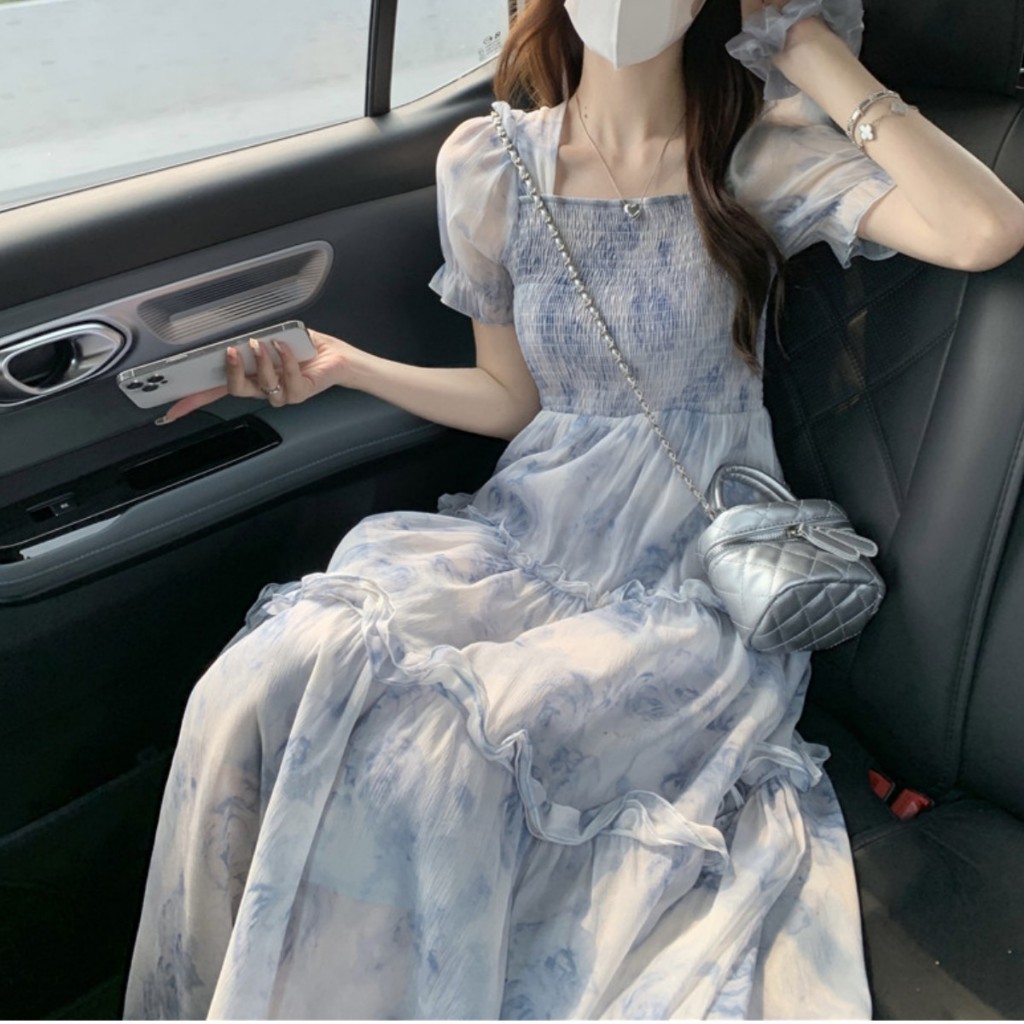 summer blue floral long dress plus size dress for woman casual korean ...