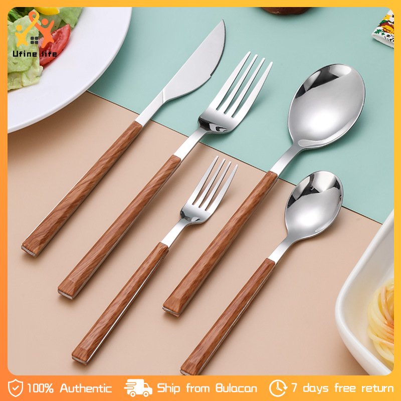 Wood Handle Spoon Fork Coffee Spoon Fruit Fork Cutlery Set Stainless