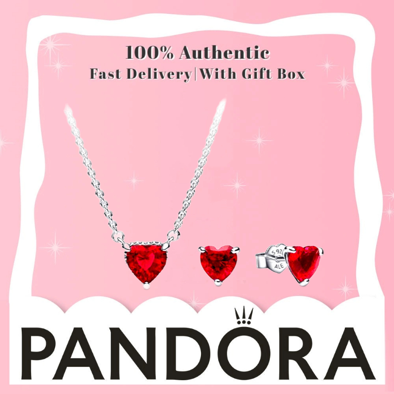 Pandora Flame Heart Necklace Earring Set 925 Silver Female 100% ...