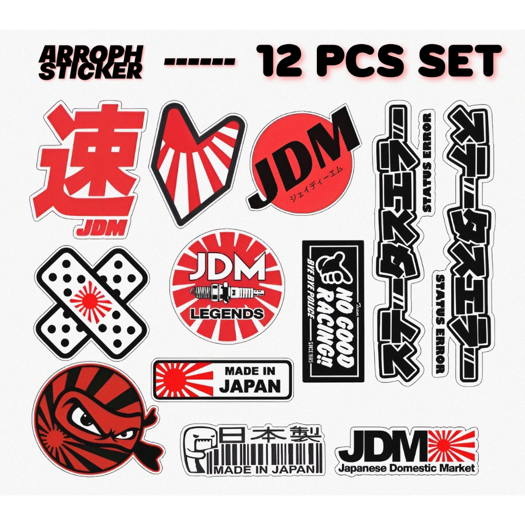 12 Pcs JDM Waterproof Sticker Pack For Motorcycle , Car , Aquaflask ...