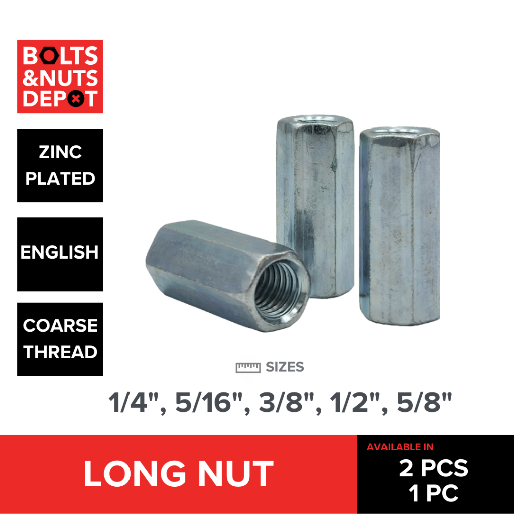 LONG NUT / COUPLING NUT/ CONNECTING NUT ZINC PLATED 1/4, 5/16, 3/8, 1/2 ...
