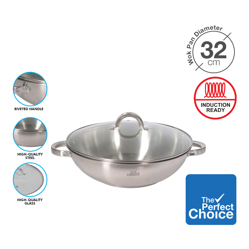 The Perfect Choice Stainless Steel Wok Pan With Lid 32cm | Shopee ...