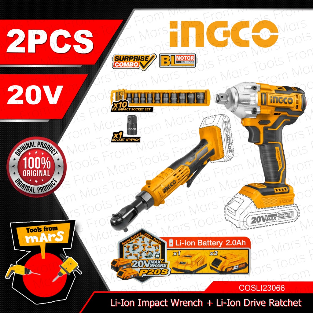 EXCLUSIVE Ingco Li-on 20V Cordless 2pcs Impact Wrench Drive Ratchet ...