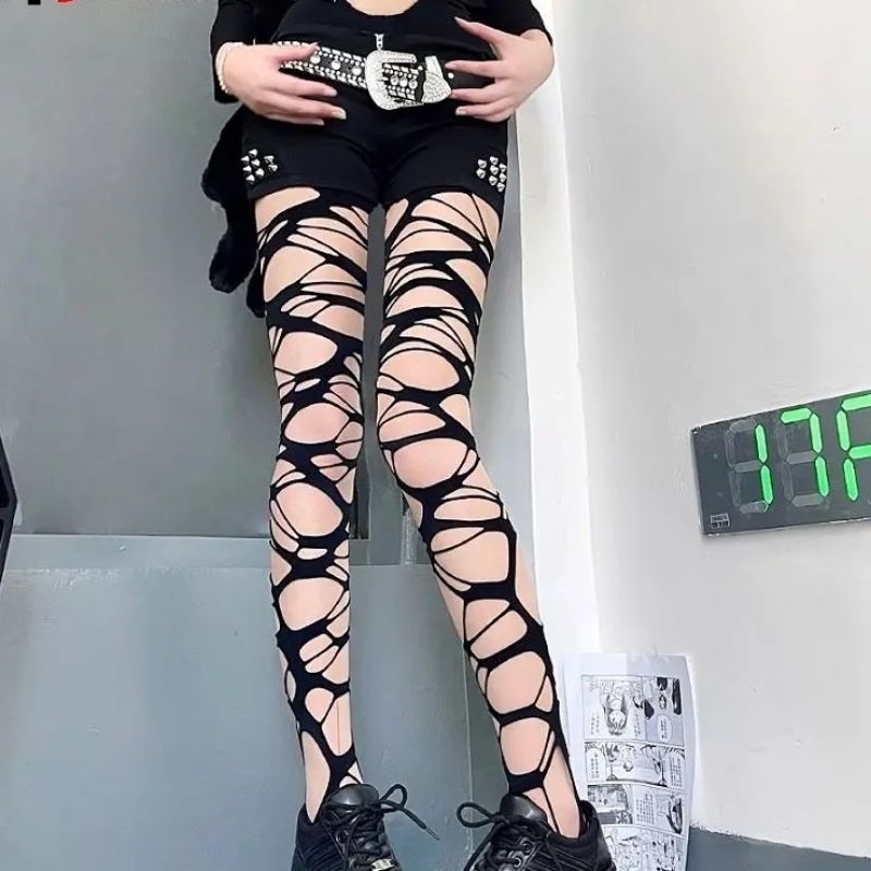 Punk Gothic Hollow Out Pantyhose Devil Cosplay Irregular Broken Hole ...