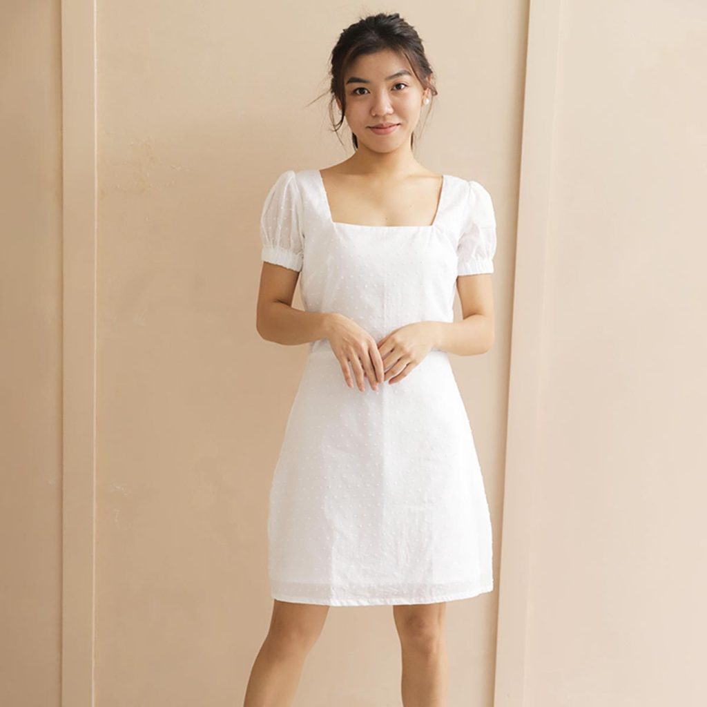 Hey Riley Olivia Classy Elegant Square Neck Puff Sleeved Dress (White ...