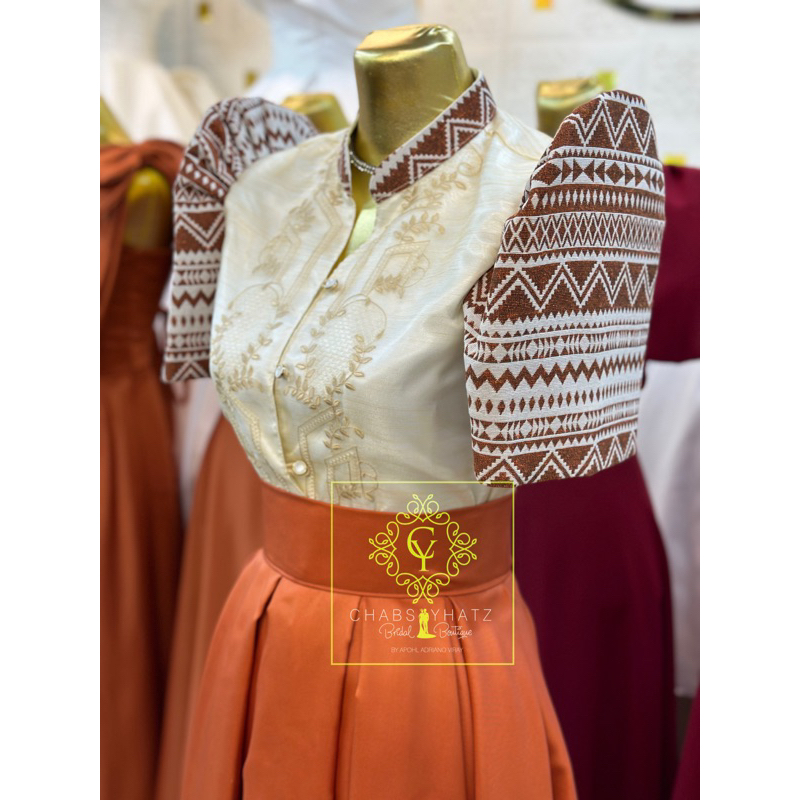 Modern Filipiniana Rust orange Ethnic sleeves Top and skirt | Shopee ...