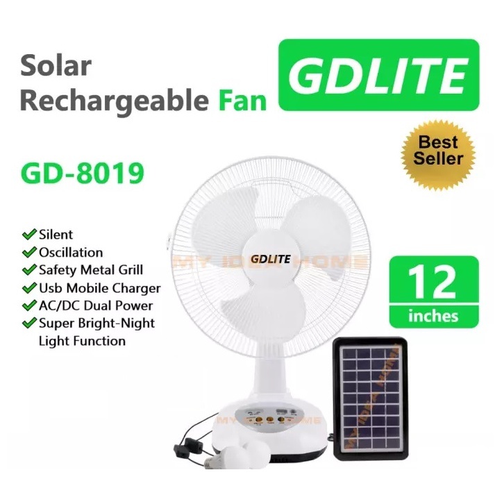 GD LITE GD-8028 Rechargeable 6in1 Solar Emergency Fan with BT/LEDLIGHT/FM/SOLAR Portable Fan ...