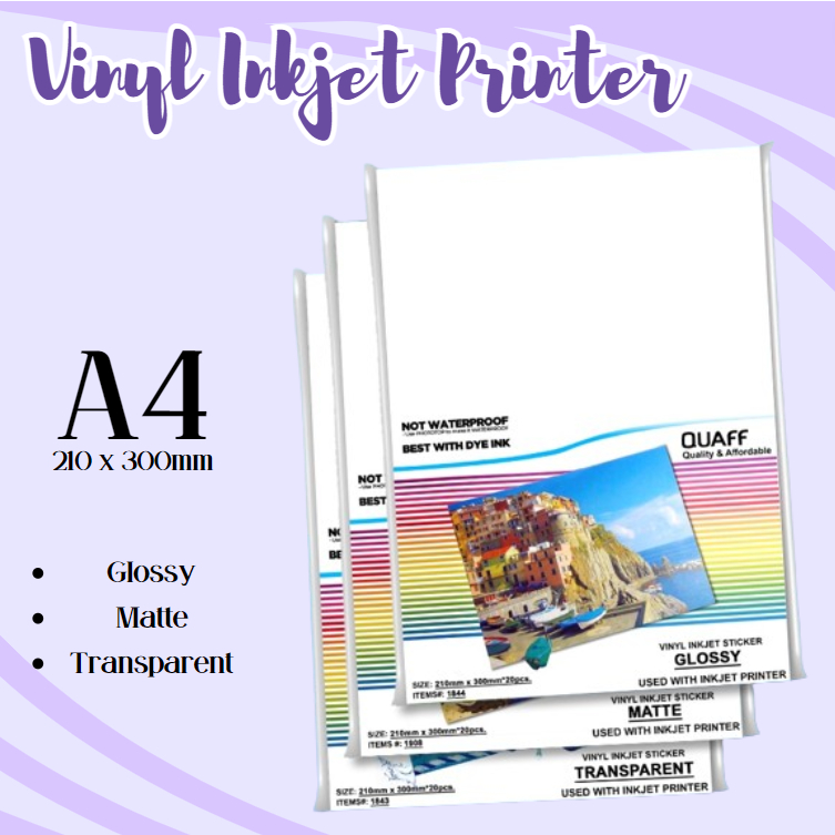 QUAFF Vinyl Inkjet Sticker A4 Size Matte / Glossy / Transparent ...