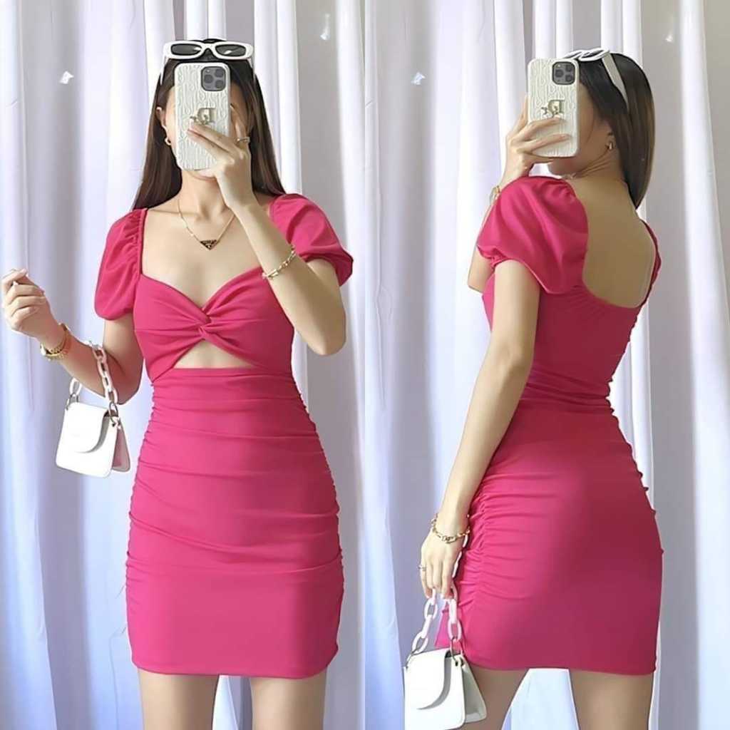 BODYCON TWISTED PUFF SLEEVE HUGGING DRESS KNITTED FABRIC CAN FIT TO ...