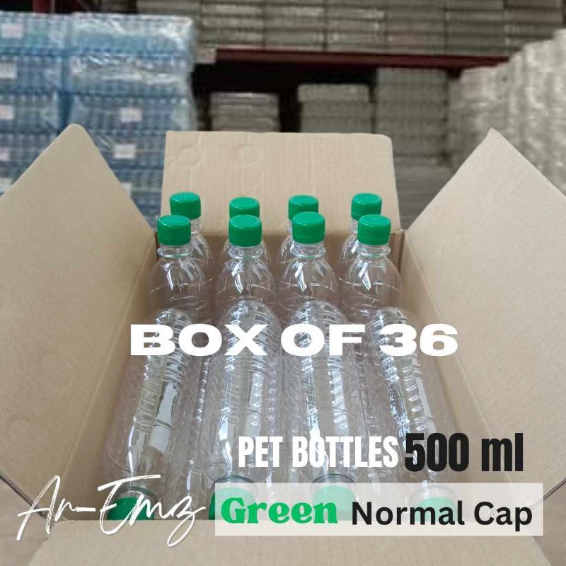 Ar-Emz Box of 36 Empty Plastic Bottles 500ml With Normal Green Caps For ...
