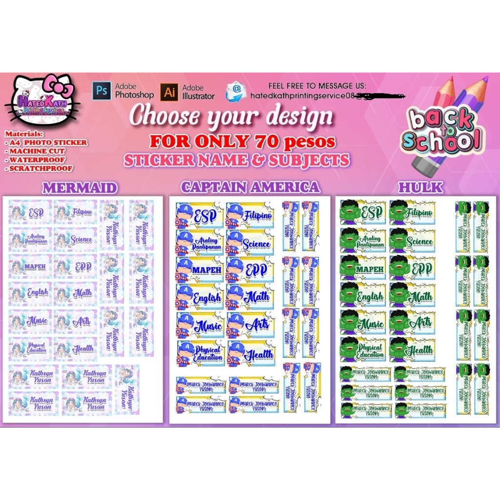 Sticker Label for School Subject Customized Mermaid | Hulk | Captain ...