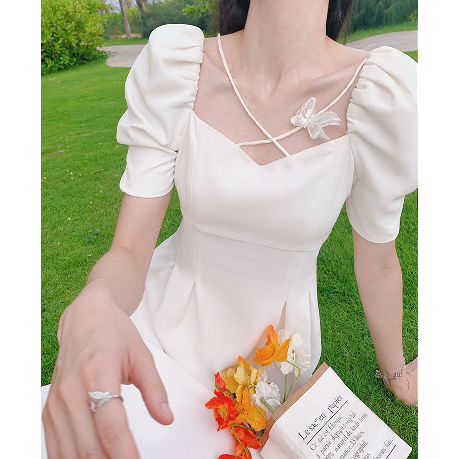 White Dress Wedding Dress Graduation Dress Square Collar Women Dress ...