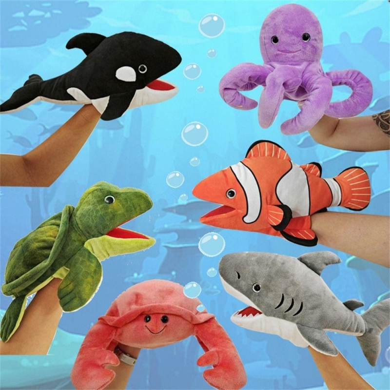 Sea Animal Puppets Hand Doll Movable Mouth Plush Shark Turtle Whale ...