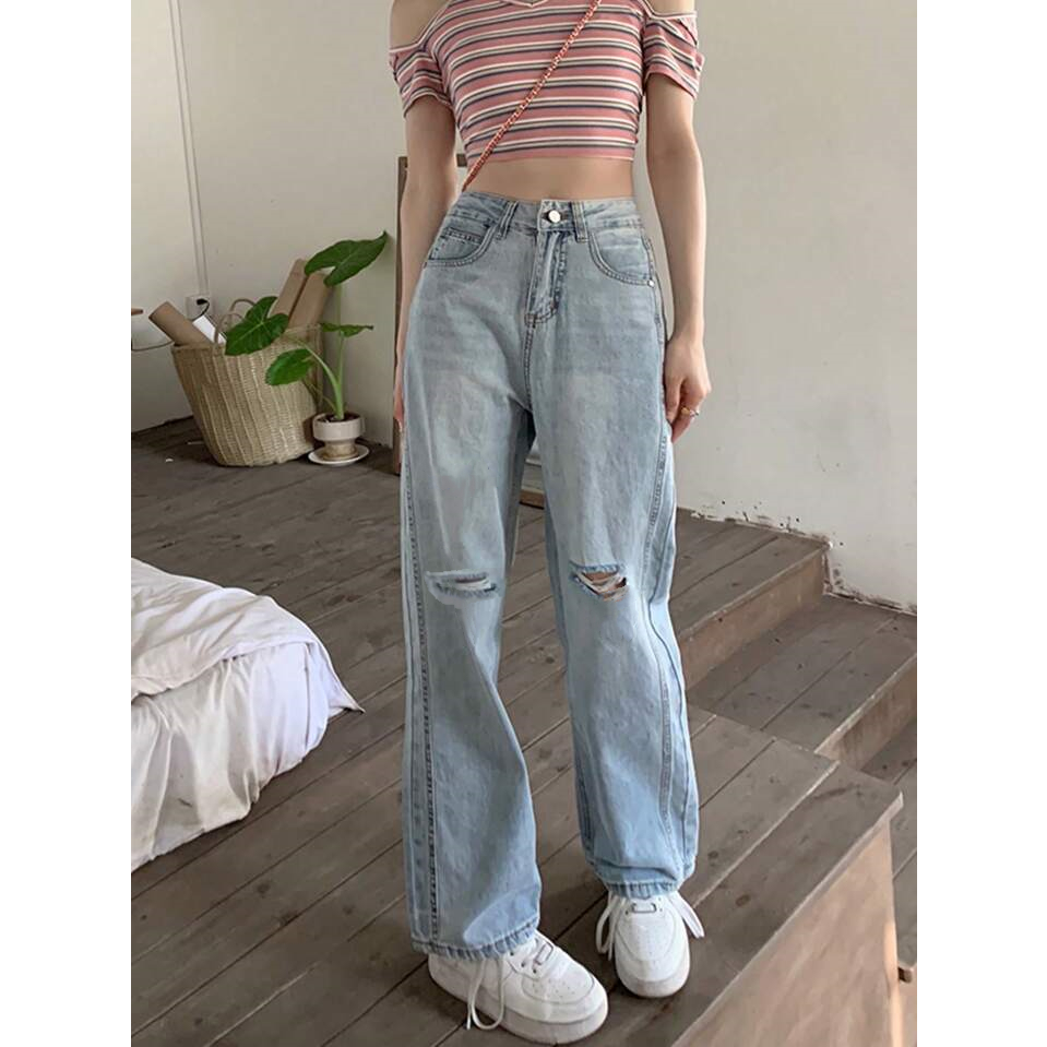 Knee cut quality boyfriend pants highwaist hole straight tube tight ...