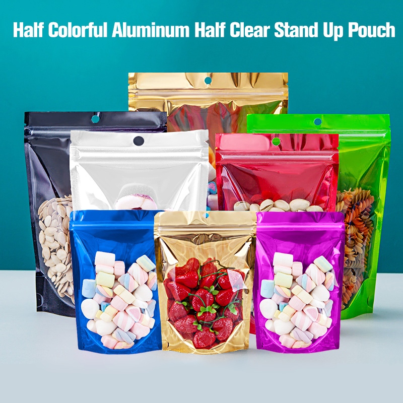 100pcs Half Colorful Aluminum Half Clear Stand Up Pouch Packaging Resealable Full Window ...