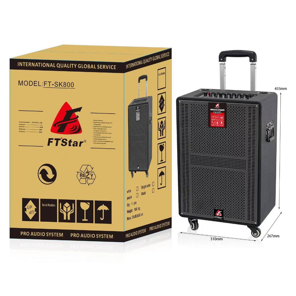 FT STAR FT-SK-800 8" 500W Power Portable Rechargeable Trolley Speaker ...