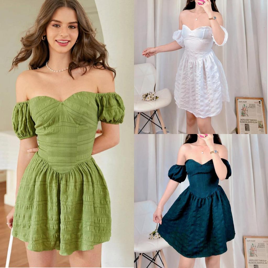 TAKI DRESS Off Shoulder Puff Sleeve Textured Dress | Shopee Philippines