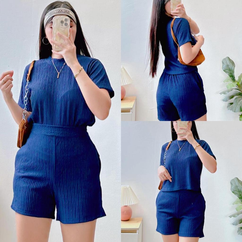 Ava Bark Crepe Round Neck Short Sleeve Top Terno Short Two Pockets ...