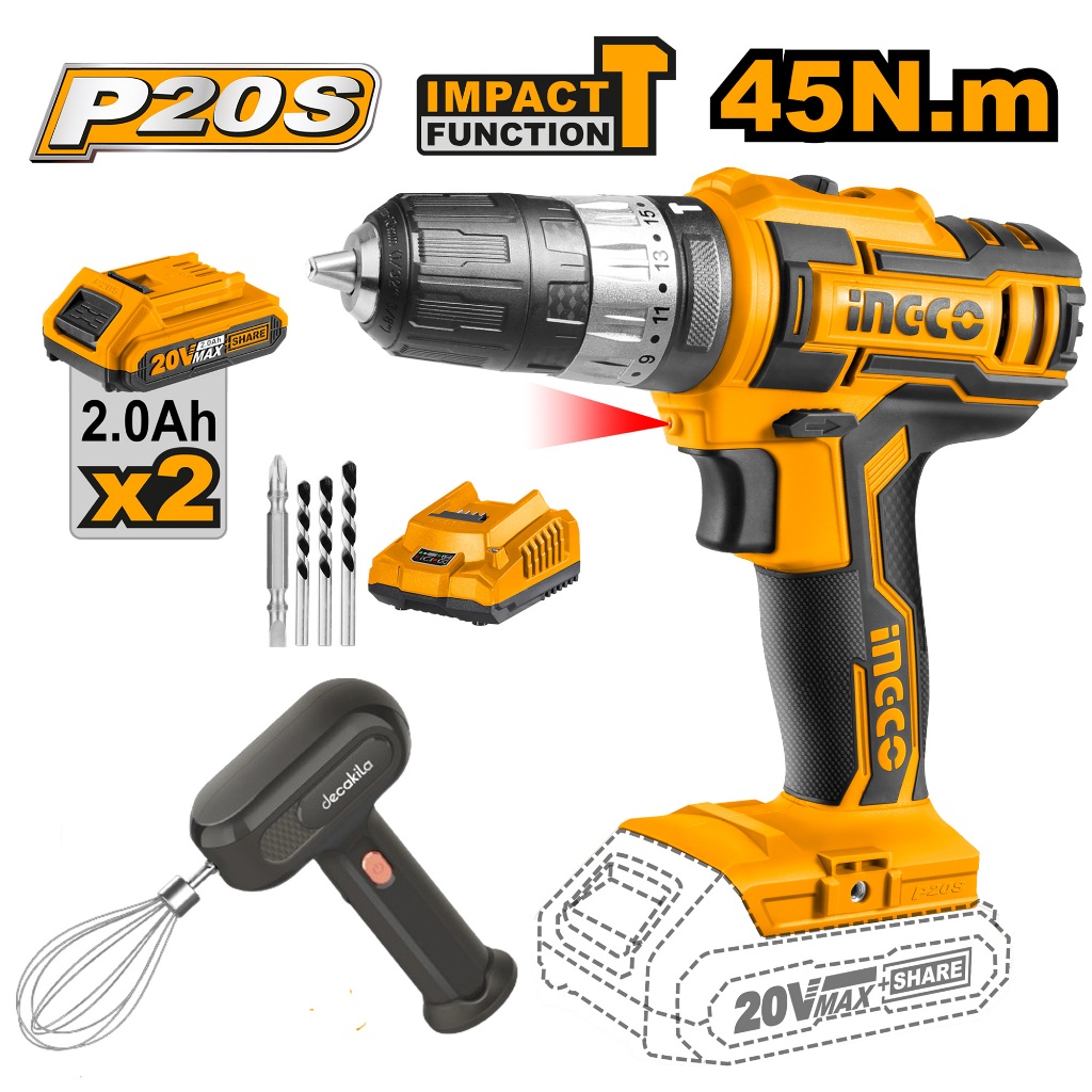 INGCO 2pcs Combo Kit 20V Cordless Impact Drill with Hand Mixer Drill ...