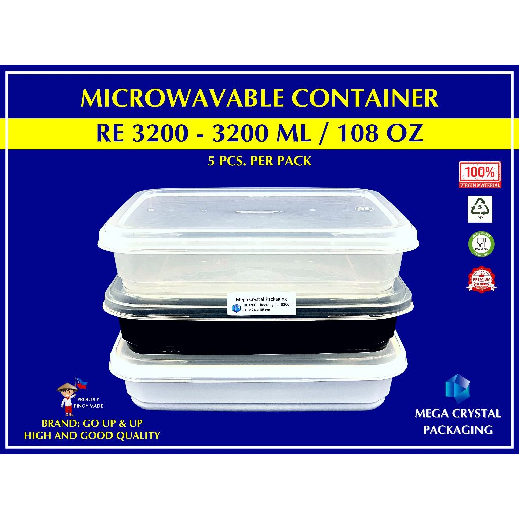 [ 5 Pcs ] Microwavable Container RE 3200 - Rectangular 3200 ml WHITE ...