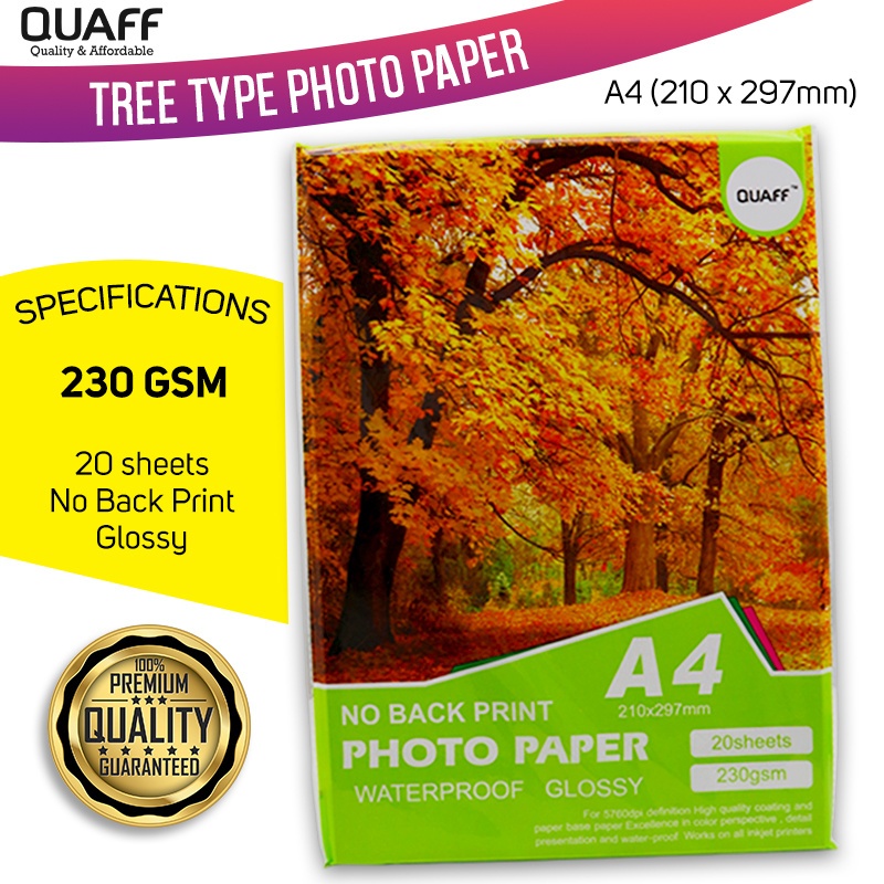 QUAFF Tree Type No Back Print Inkjet Photo Paper Glossy A4 Size 200gsm | 250gsm | 230gsm (20 ...