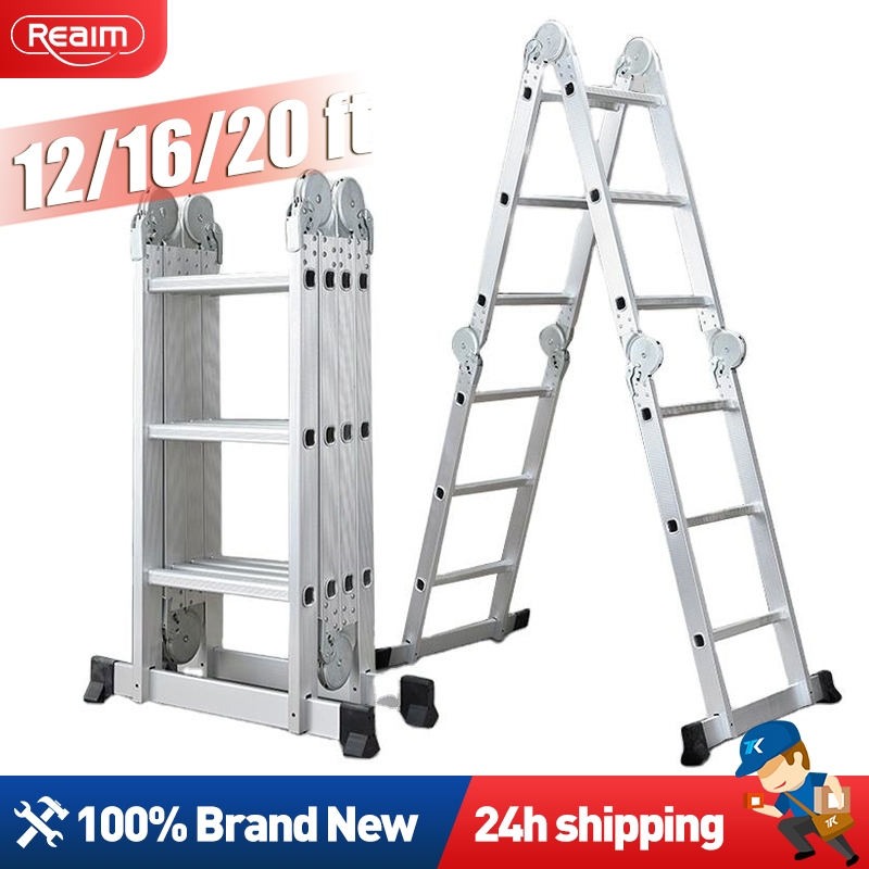 REAIM Ladder Foldable Aluminum Silver 12FT/16FT/20FT Multipurpose Heavy ...
