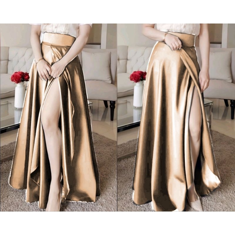 skirt long elegant hightwaist overlap slit satin silk lenght 42inches ...
