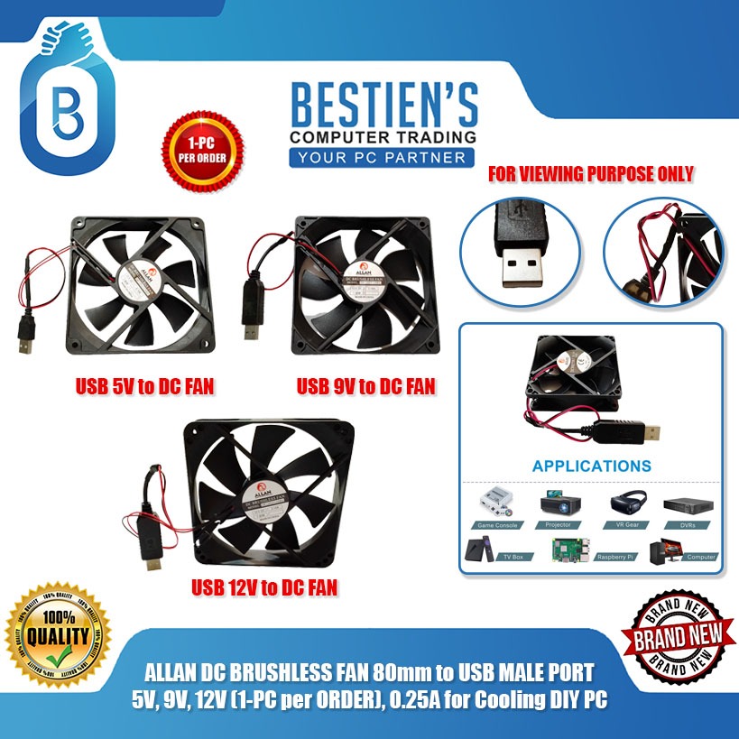 ALLAN DC BRUSHLESS FAN to USB MALE PORT 5V, 9V, 12V (1-PC per ORDER), 0 ...