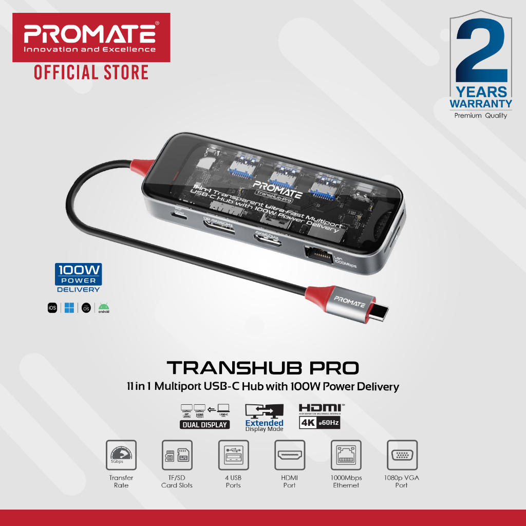 Promate Transhub-Pro 11 in 1 MultiPort USB-C Hub 100W Power Delivery ...