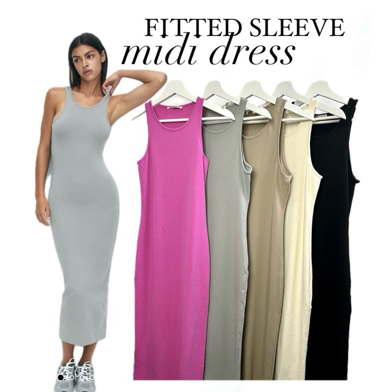 PULL&BE/AR FITTED SLEEVE MIDI DRESS (Authen/tic Over/runs) | Basic Maxi ...