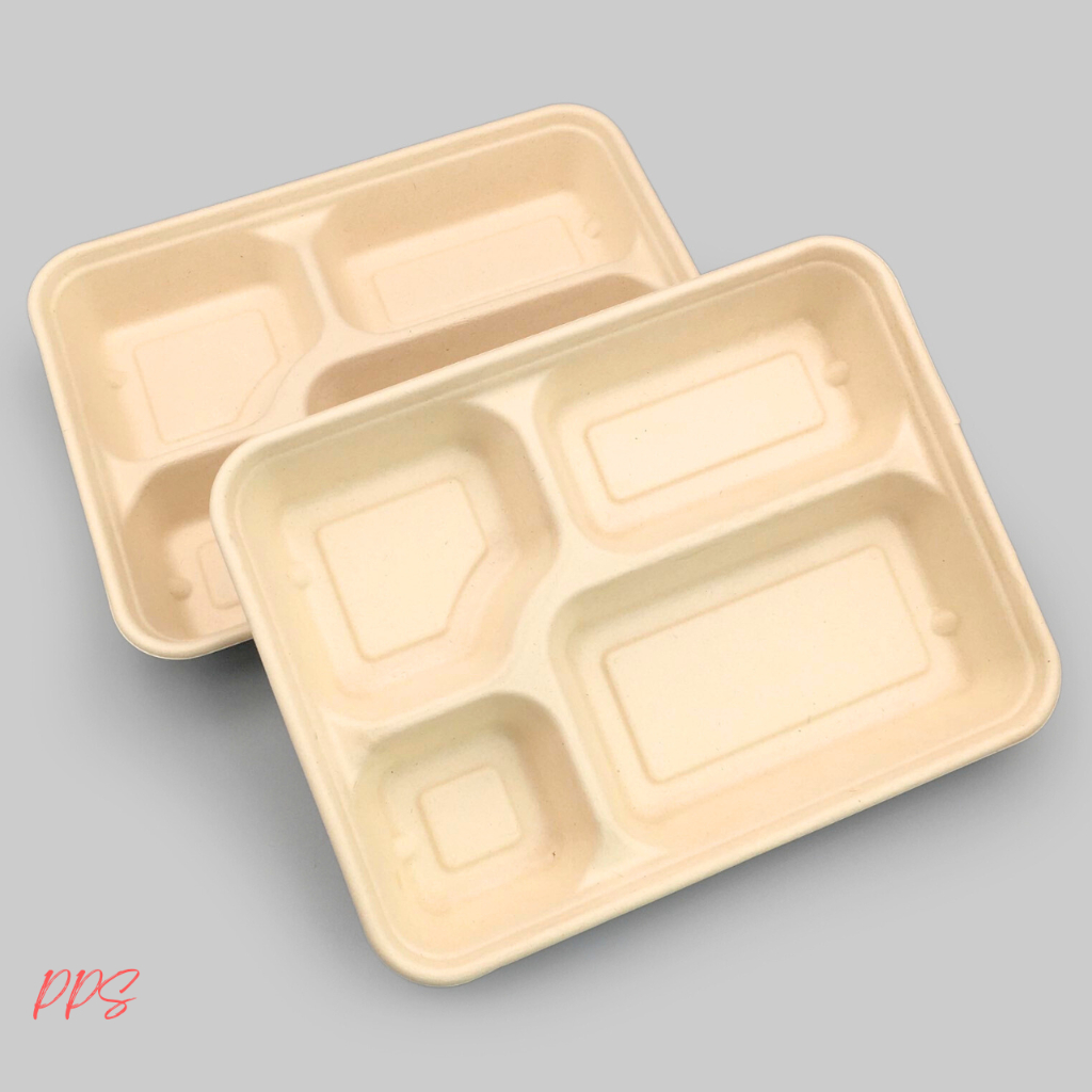 5pcs 1400ml Sugarcane Bento Box with 4 Division Bagasse Food Container ...