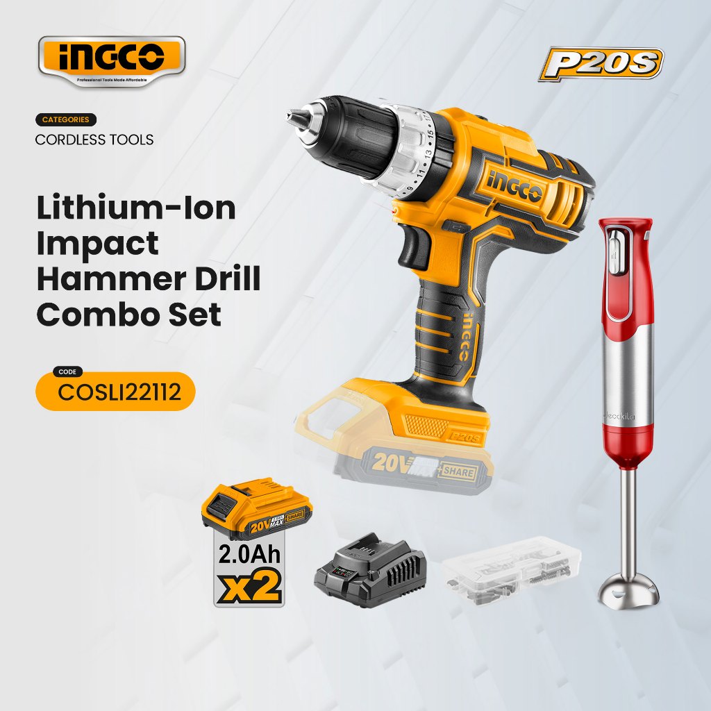 Ingco Combo Kit Set 20V Cordless Impact Drill With FREE Hand Mixer ...