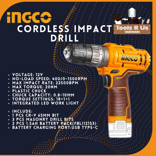 INGCO CORDLESS IMPACT DRILL CIDLI12202 | CORDLESS TOOLS | MERVILLE ...