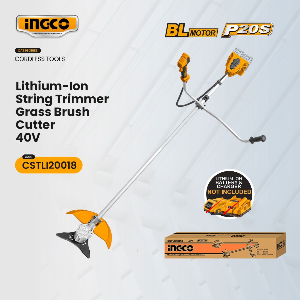 Ingco 40V Lithium-Ion Cordless String Trimmer Grass Brush Cutter P20s ...