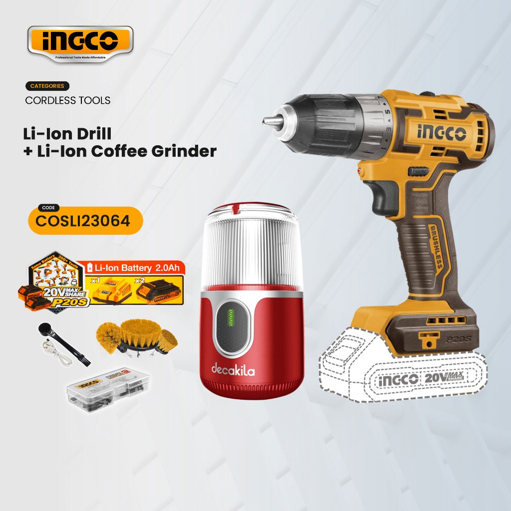 Ingco 2pcs Combo Kit Set 20V Cordless Drill w/ Coffee Grinder ...