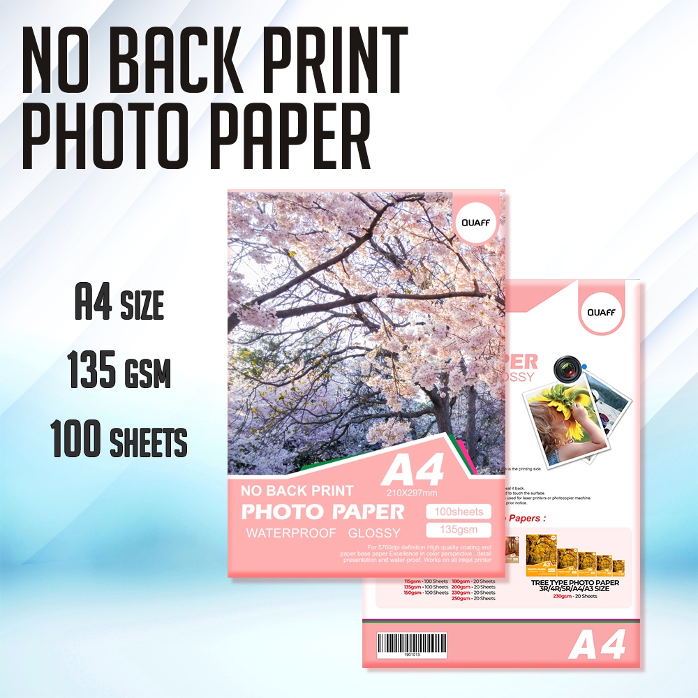 QUAFF No Back Print Glossy Inkjet Photo Paper A4 Size 115gsm/135gsm/150gsm (100 sheets) | Shopee ...