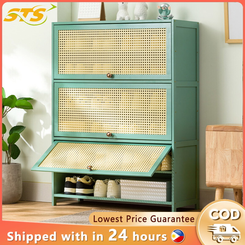 [ 3/5/7/9 Layer]Cyan Retro Shoe Cabinet Tult up Door / Multi-Layer Shoe ...