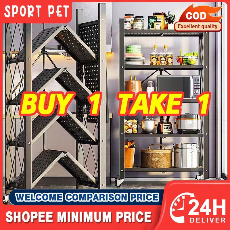 3-5Layer Folding Racks Kitchen Metal Rack Shelves With Wheels Kitchen ...