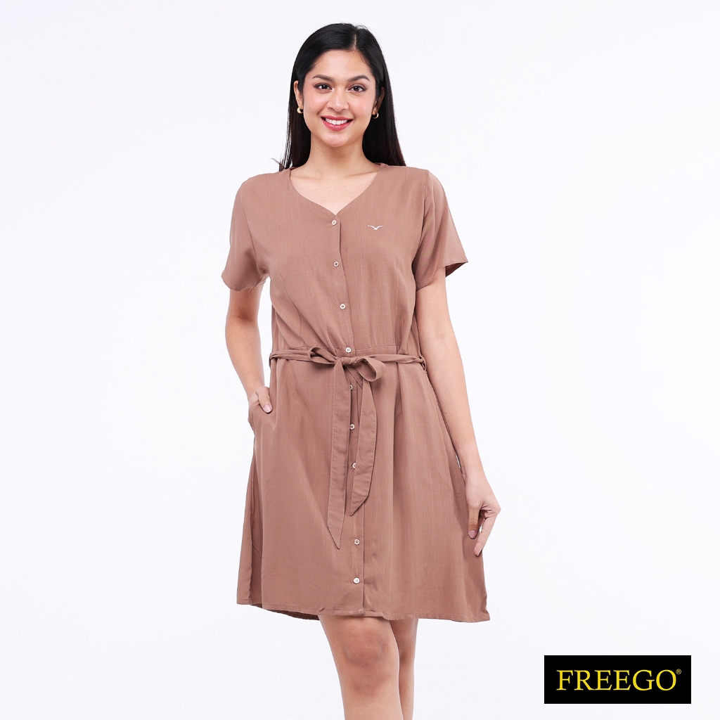 Freego Ladies Woven Plain Soft Linen Short Sleeves Dress AST08-0073 ...