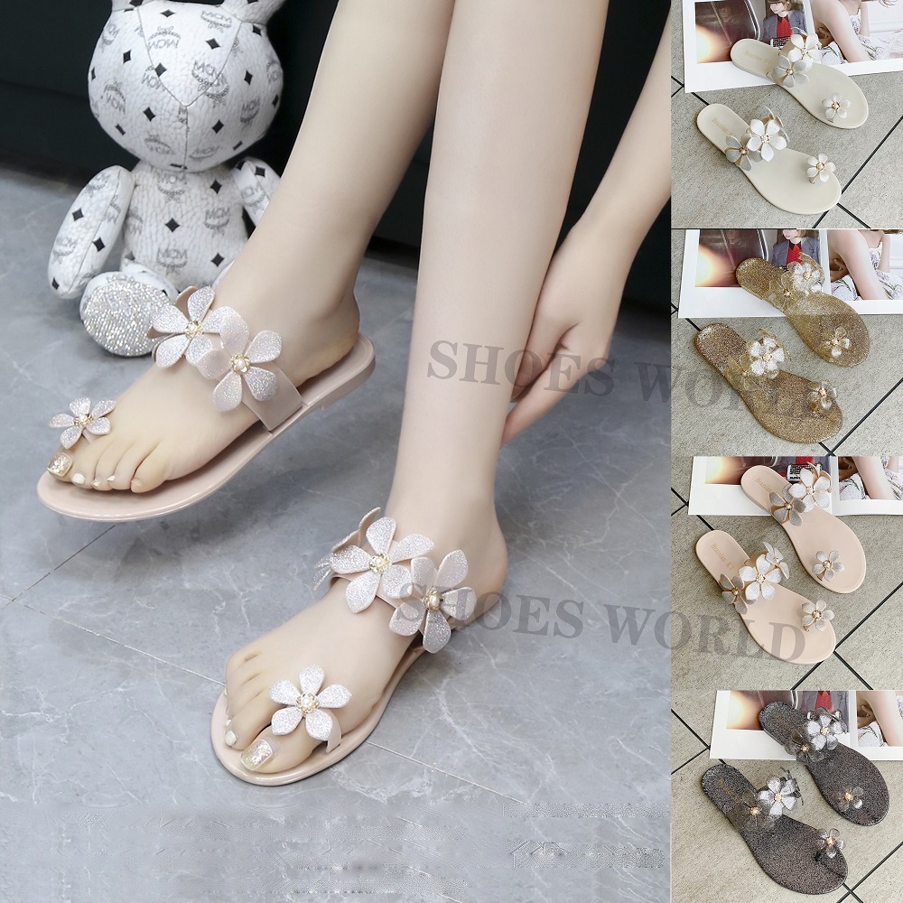 New Fashion Korean glitter flower strap flat sandals for women | Shopee ...