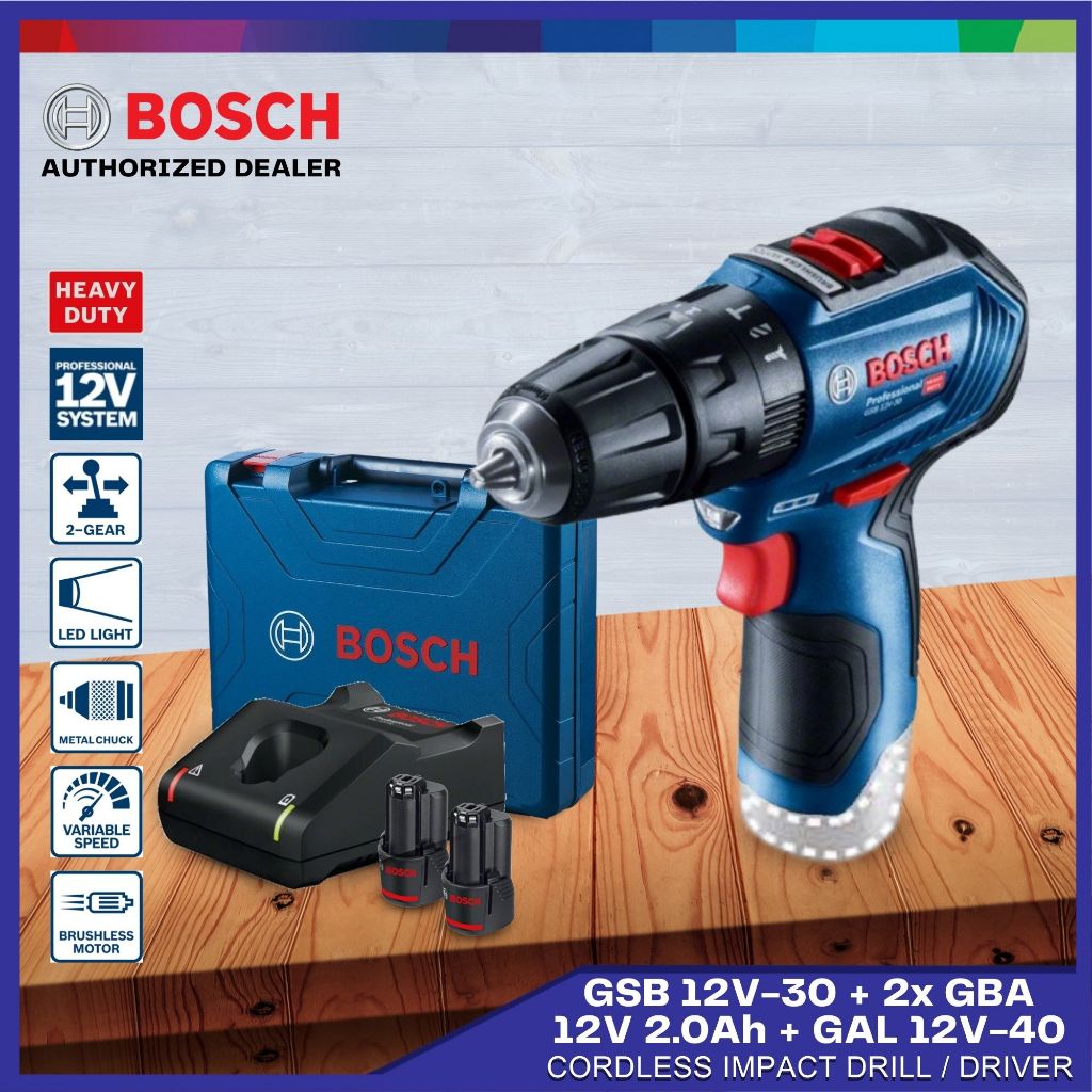 Bosch Impact Drill GSB 12V-30 + 2 x GBA 12V 2.0Ah + GAL 12V-40 ...