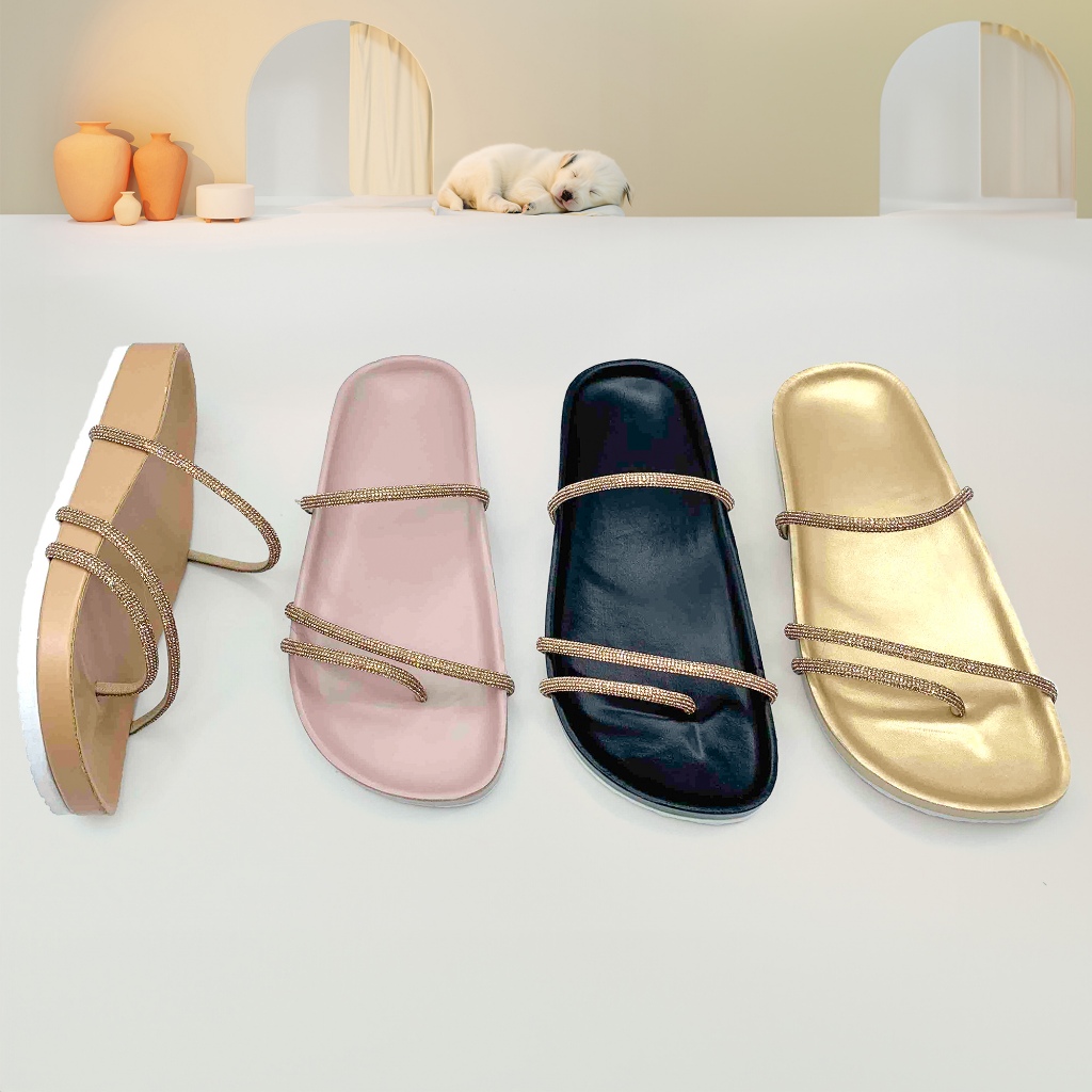 R&A944 Flat Round Toe w/ Triple Rhinestones Toe Straps in Colored ...